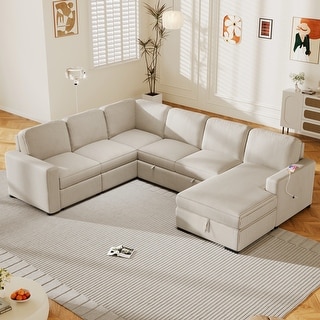 Beige 116.5" Corduroy U-Shaped Sectional Sofa Bed with USB Ports - Bed Bath & Beyond - 40820570